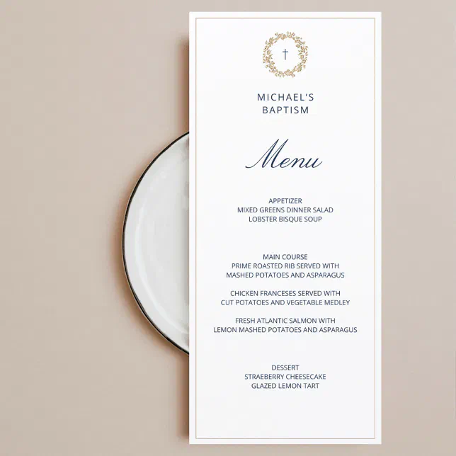 Minimalist Navy Baby Boy Baptism Christening Menu | Zazzle