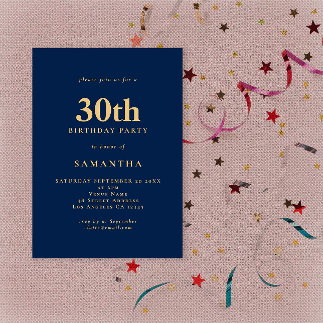 Minimalist Navy Blue Gold 30th Birthday Invitation | Zazzle