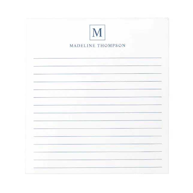 Minimalist Navy Blue Monogram Square Lined Notepad | Zazzle