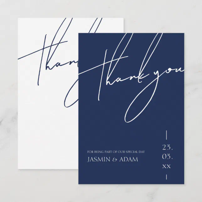Minimalist Navy Blue Script Typography Wedding Thank You Card | Zazzle