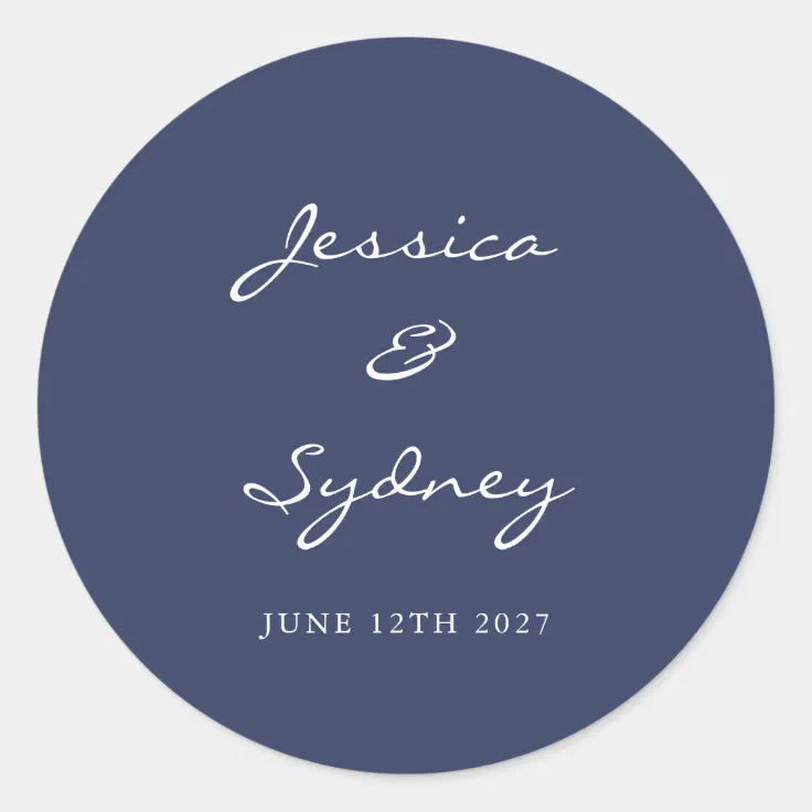 Minimalist Navy Blue Script Wedding Custom Classic Round Sticker | Zazzle