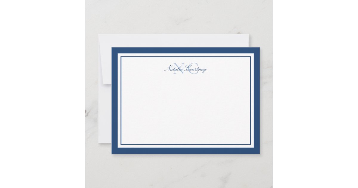 Minimalist Navy Blue Two Border Monogram 4.5x6.25 Note Card | Zazzle
