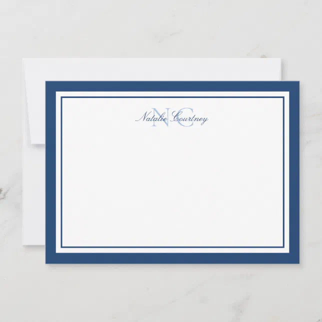 Minimalist Navy Blue Two Border Monogram 4.5x6.25 Note Card | Zazzle