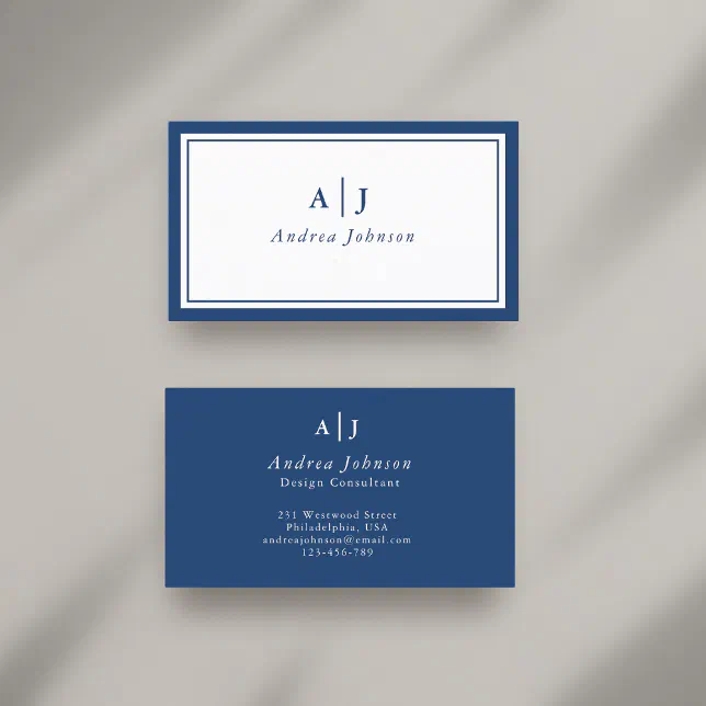 Minimalist Navy Blue Two Border Monogram Business Card | Zazzle