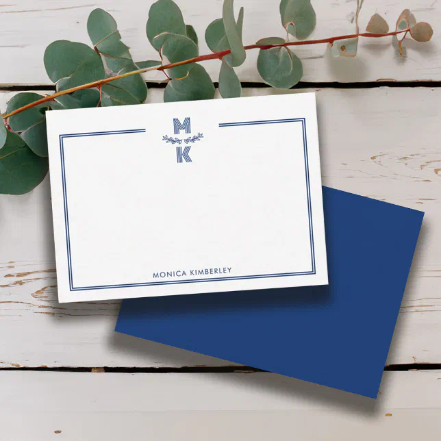 Minimalist Navy Blue Two Border Monogram Note Card | Zazzle