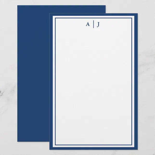 Minimalist Navy Blue Two Border Monogram Stationery | Zazzle