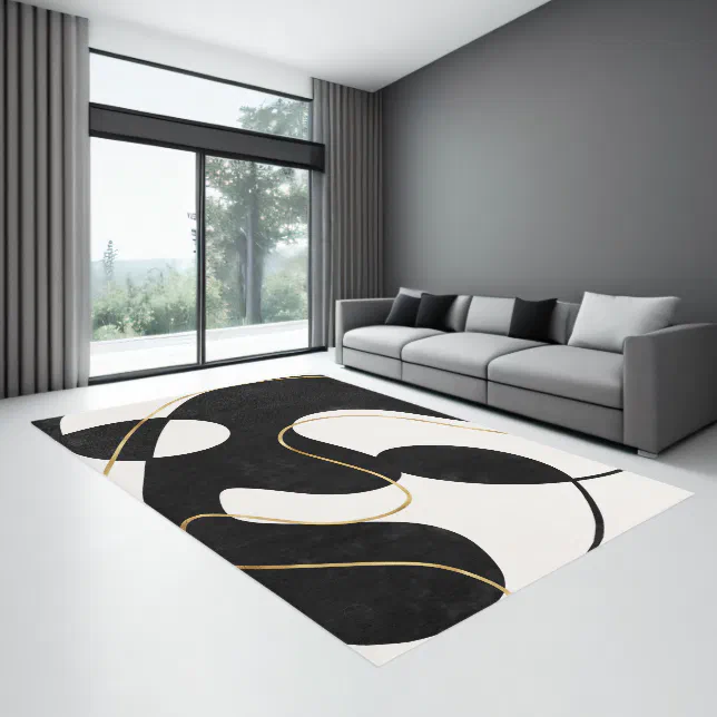 Minimalist Neutral Black Gold Abstract Rug | Zazzle