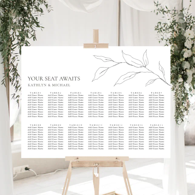 Minimalist Olive Leaf Wedding 14 Table Seating Poster | Zazzle