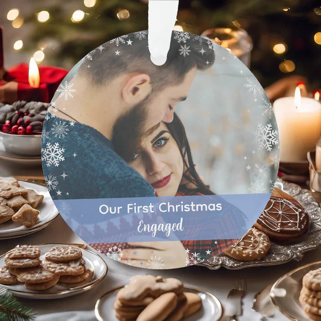 Minimalist Our First Christmas Engaged 2 Photos Ornament | Zazzle