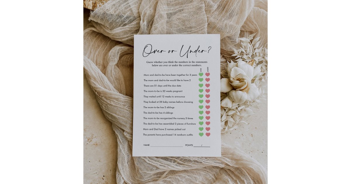 Minimalist Over or Under Game, Baby Shower Game | Zazzle