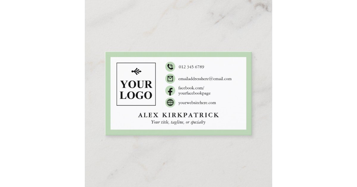 Minimalist Pale Green Icons Border & Your Logo Business Card | Zazzle