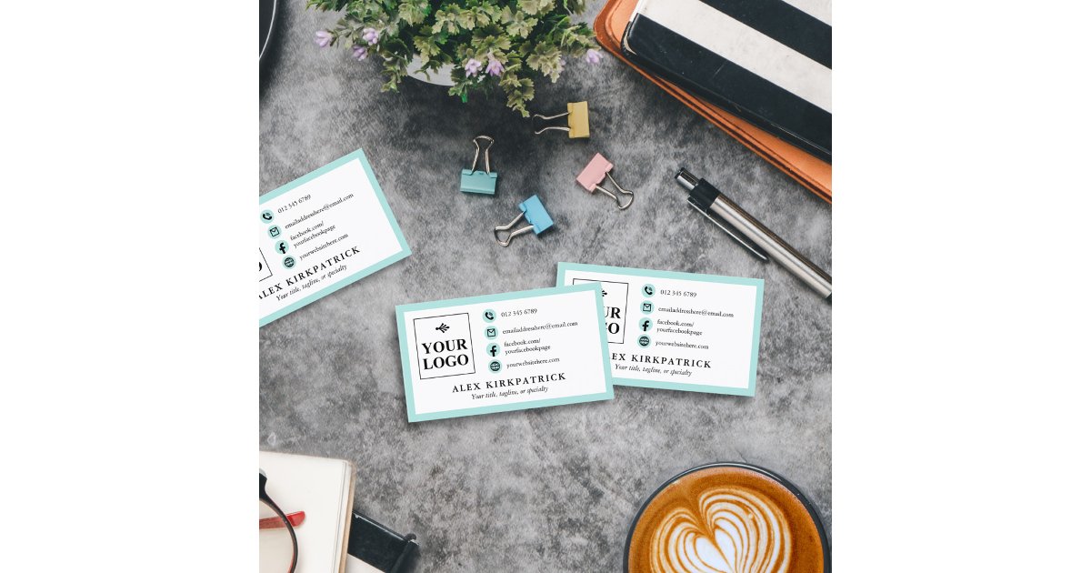 Minimalist Pale Turquoise Icons Border & Your Logo Business Card | Zazzle