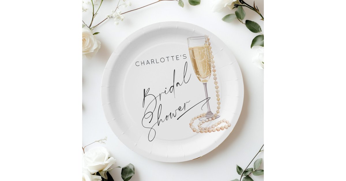 Minimalist Pearls and Prosecco Bridal shower Paper Plates | Zazzle