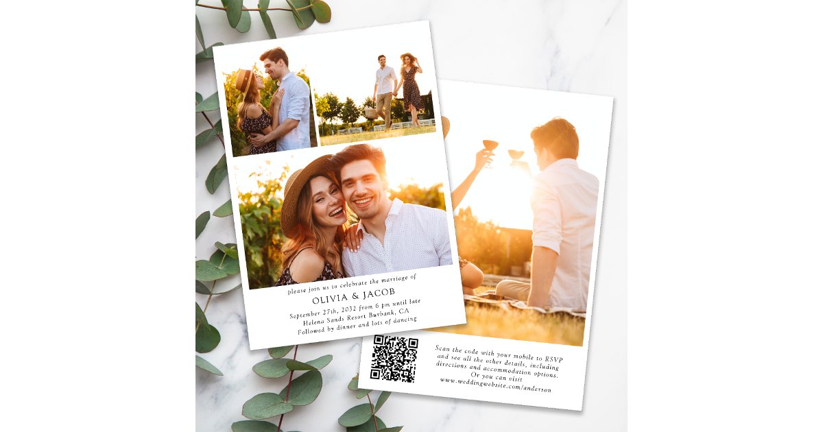 Minimalist Photo Collage QR Code Wedding Invitation | Zazzle