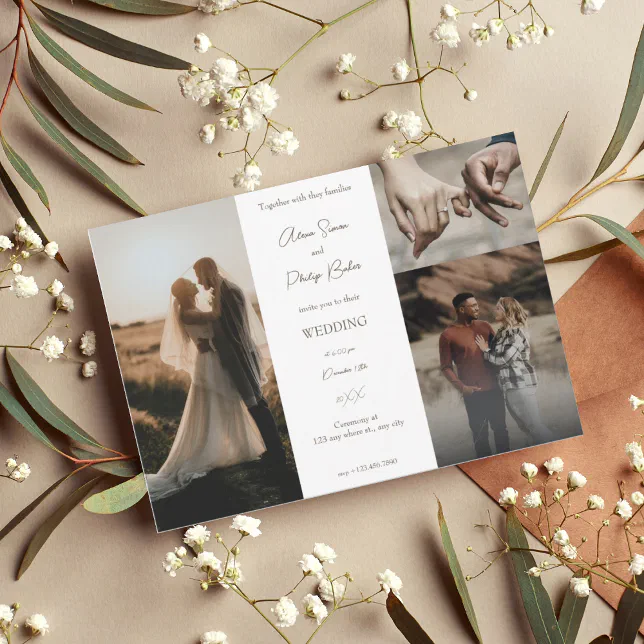 Minimalist photo collage wedding invitation | Zazzle