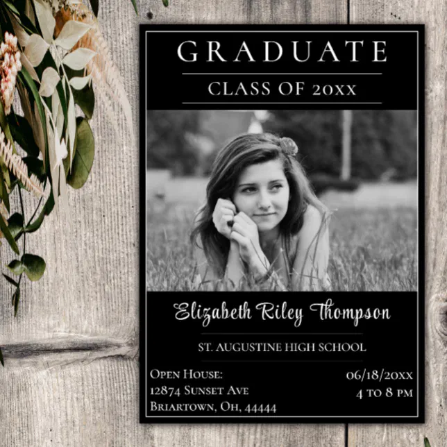Minimalist Photo Graduation Open House | Black Invitation | Zazzle