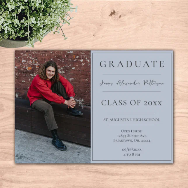 Minimalist Photo Graduation Open House | Blue Invitation | Zazzle