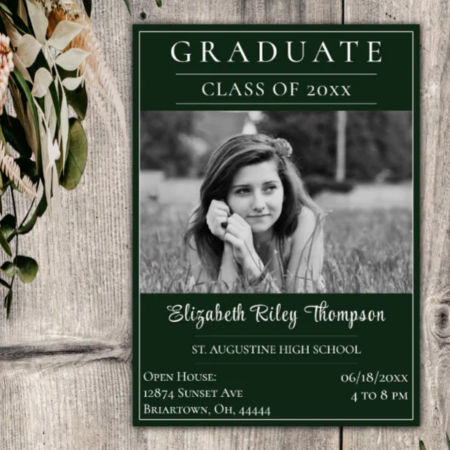 Minimalist Photo Graduation Open House | Green Invitation | Zazzle