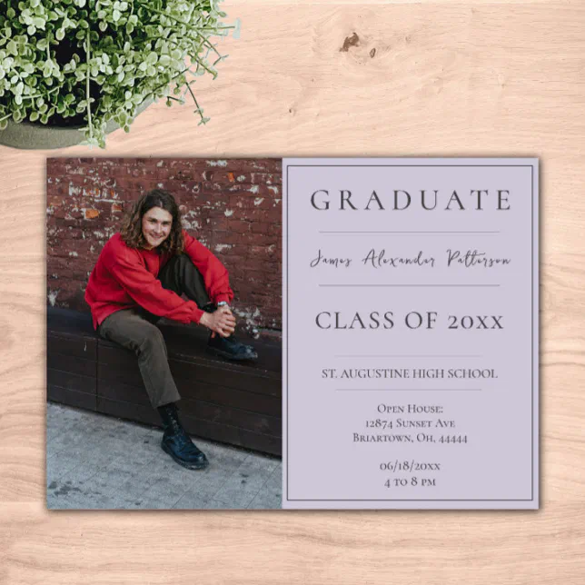 Minimalist Photo Graduation Open House | Lavender Invitation | Zazzle