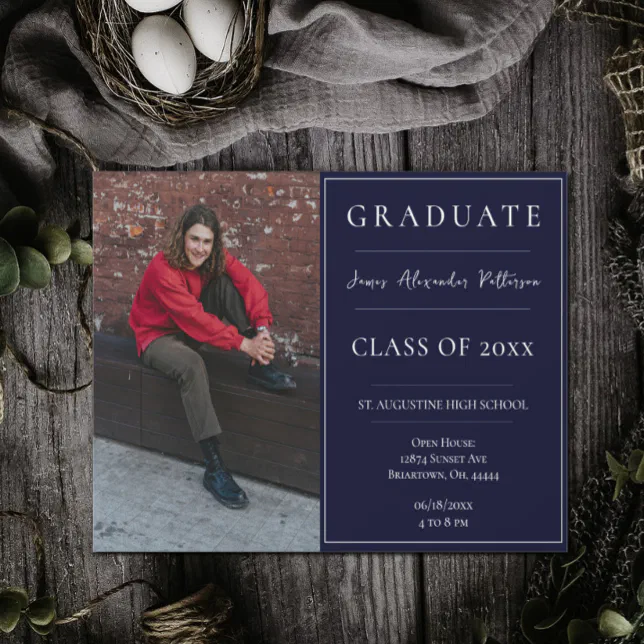 Minimalist Photo Graduation Open House | Navy Invitation | Zazzle