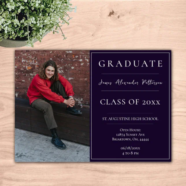 Minimalist Photo Graduation Open House | Purple Invitation | Zazzle