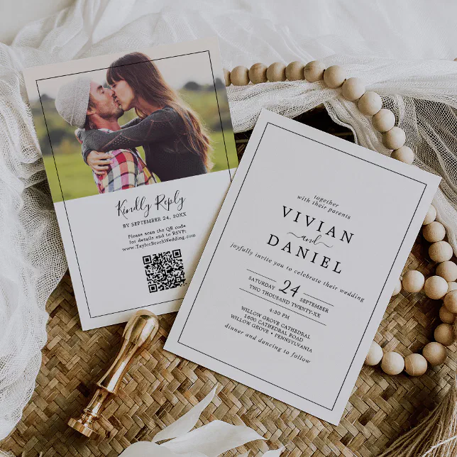 Minimalist Photo QR Code All In One Wedding Invitation | Zazzle