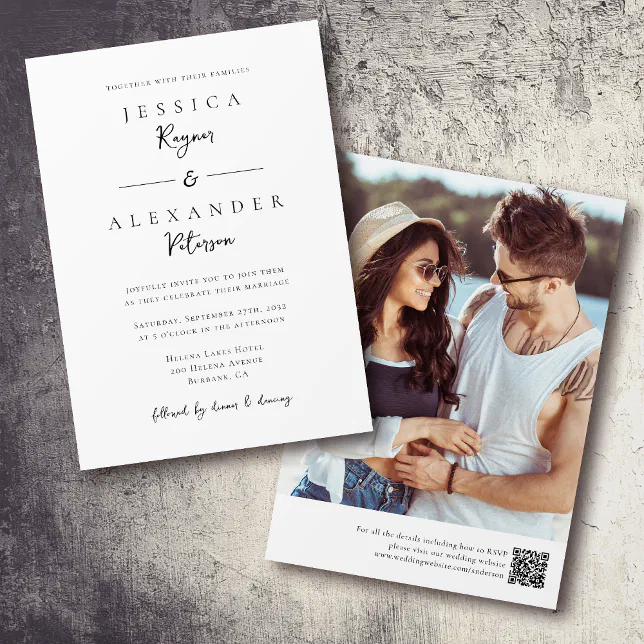 Minimalist Photo QR Code Script Wedding Invitation | Zazzle