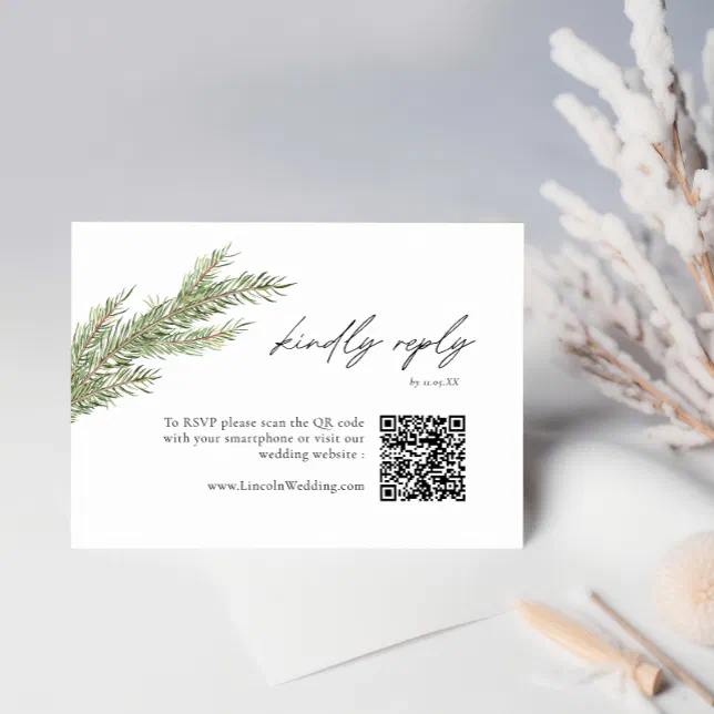 Minimalist Pine Tree Branch Winter QR Code RSVP Enclosure Card | Zazzle