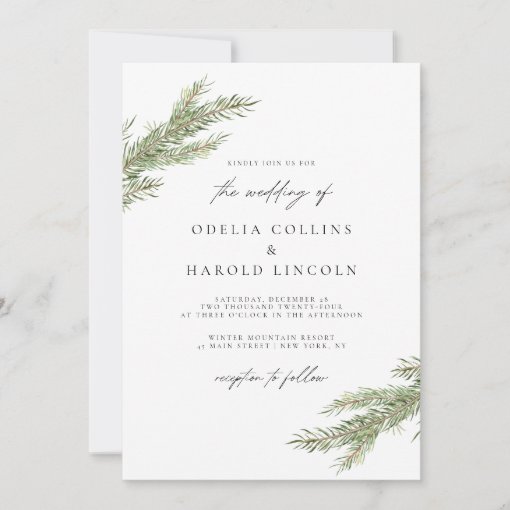 Minimalist Pine Tree Branch Winter Wedding Invitation | Zazzle