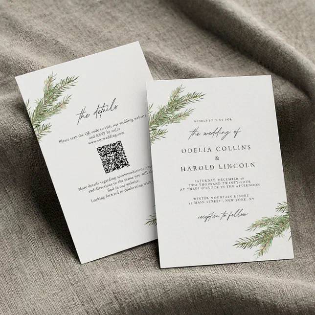 Minimalist Pine Tree Branch Winter Wedding QR Code Invitation | Zazzle