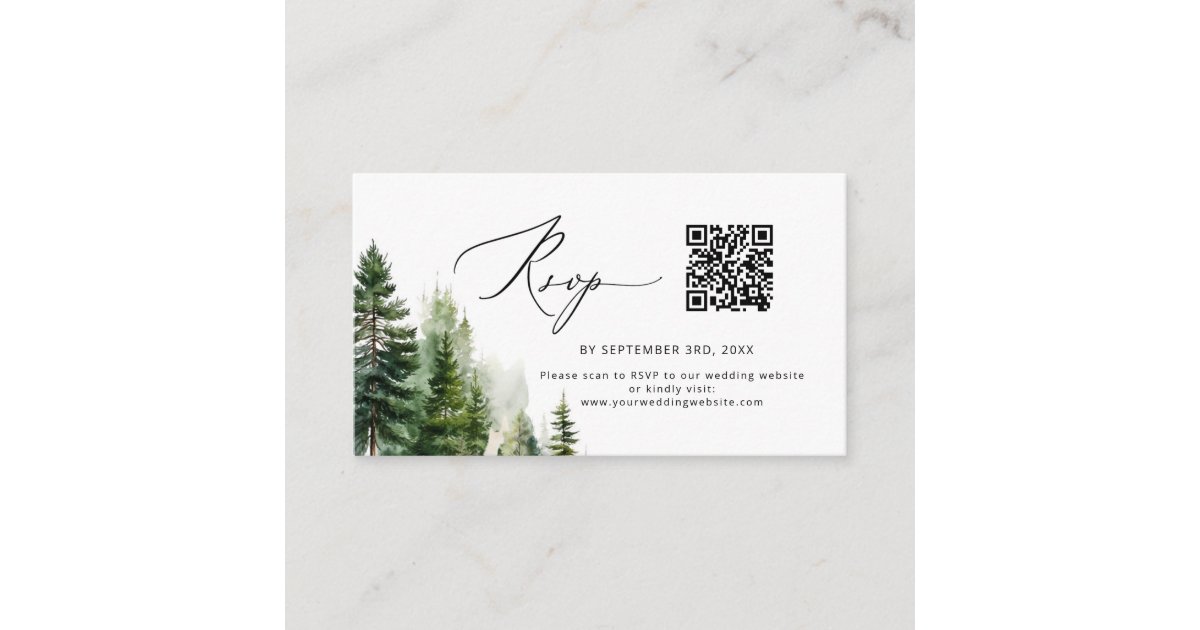 Minimalist pine trees QR code wedding RSVP Enclosure Card | Zazzle