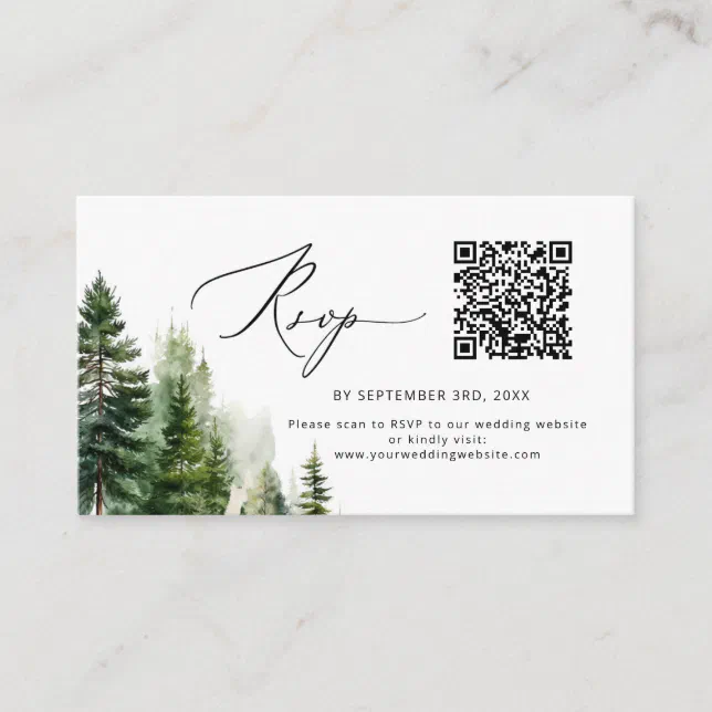 Minimalist pine trees QR code wedding RSVP Enclosure Card | Zazzle