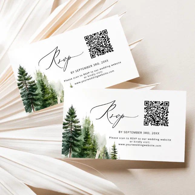 Minimalist pine trees QR code wedding RSVP Enclosure Card | Zazzle
