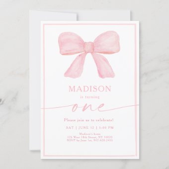 Minimalist Pink Bow First Birthday Invitation | Zazzle