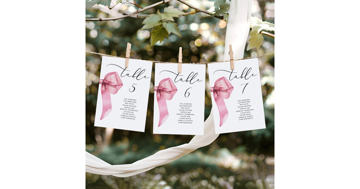 Minimalist Pink Bow Table Seating Chart cards | Zazzle