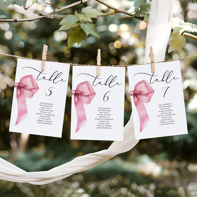 Minimalist Pink Bow Table Seating Chart cards | Zazzle