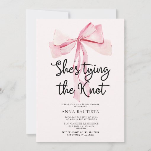 Minimalist Pink Bow Tying The Knot Bridal Shower Invitation | Zazzle