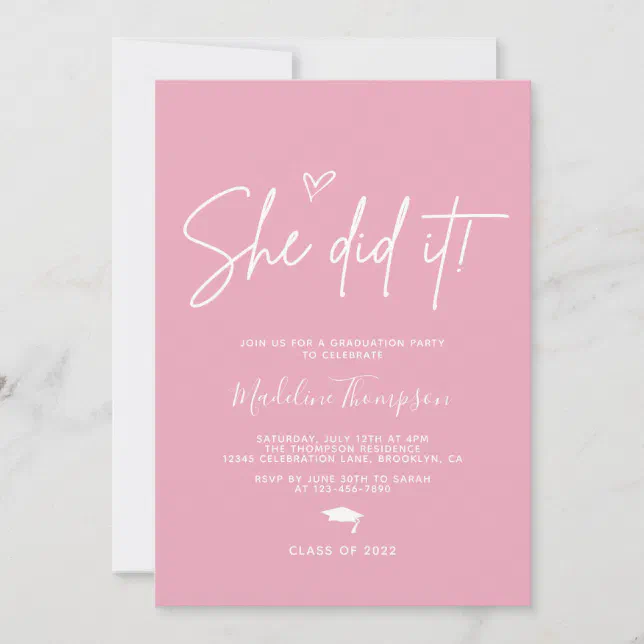 Minimalist Pink Heart She did it Graduation Invitation | Zazzle