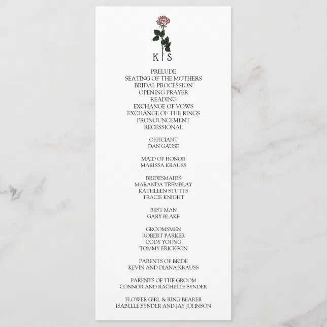 Minimalist Pink Rose Monogram Wedding Program | Zazzle