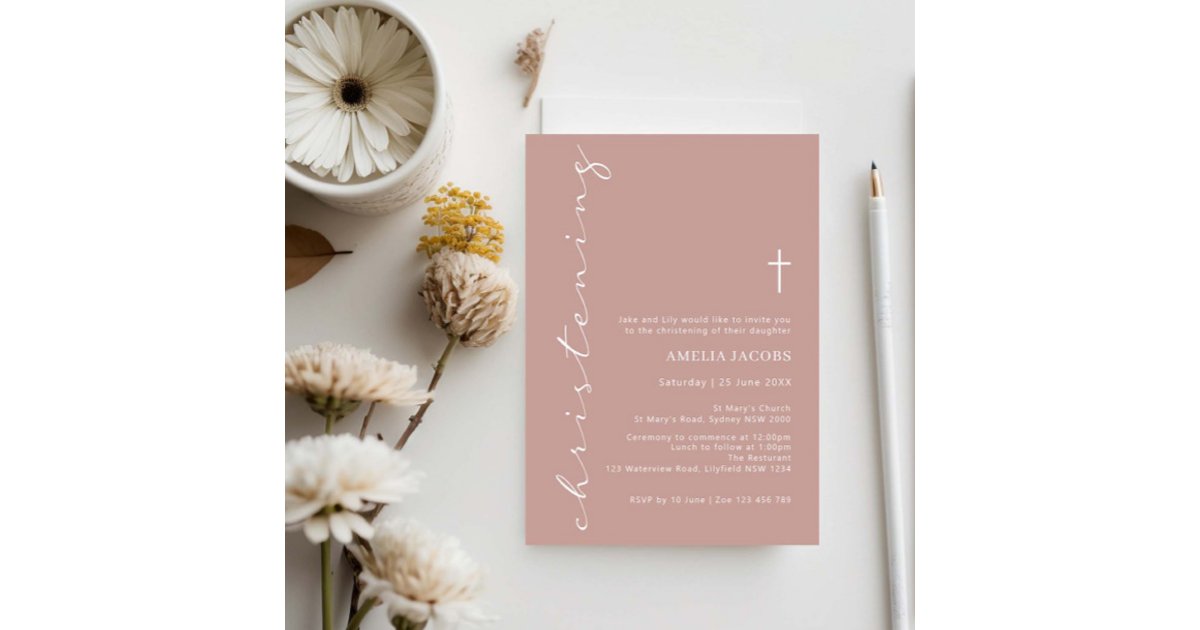 Minimalist Pink Script Christening Typography Invitation | Zazzle