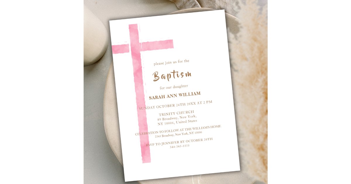 Minimalist Pink Watercolor Cross Girl Baptism Invitation | Zazzle