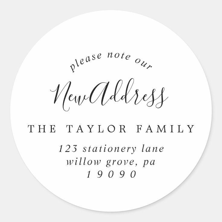Minimalist Please Note Our New Address Envelope Classic Round Sticker ...