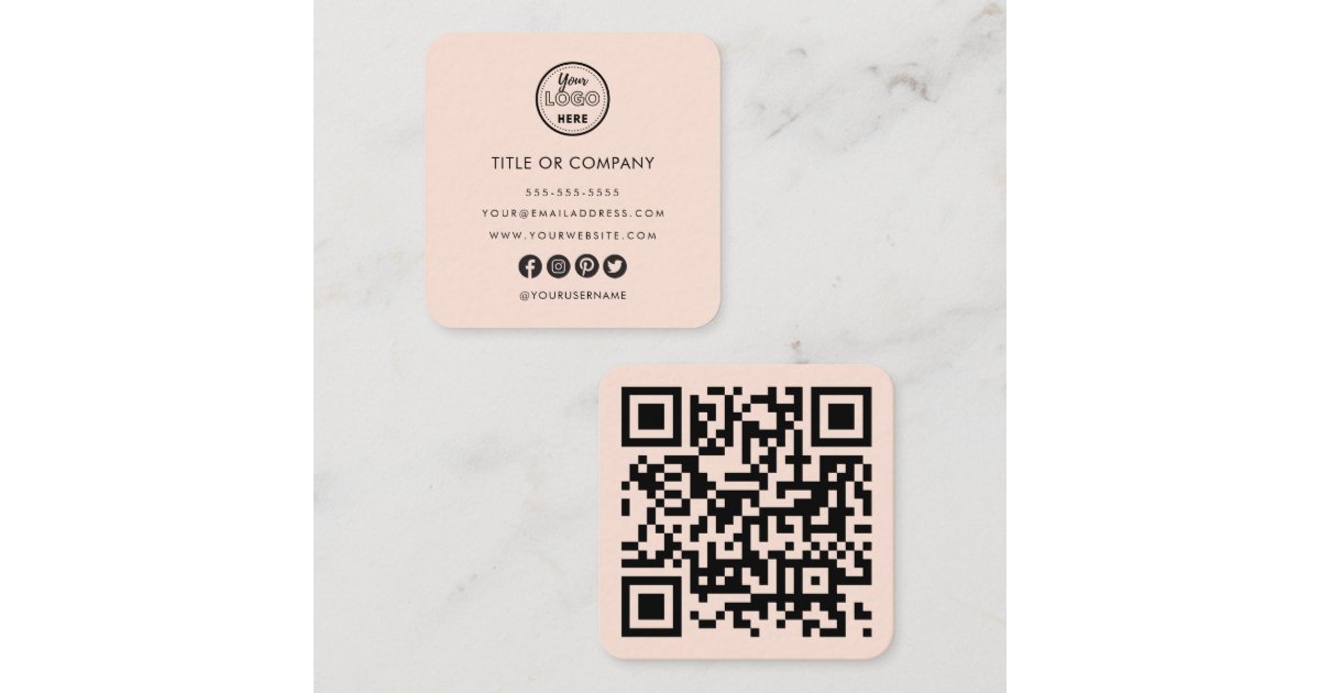 Minimalist Professional Logo Qr Code Soft Peach Square Business Card ...