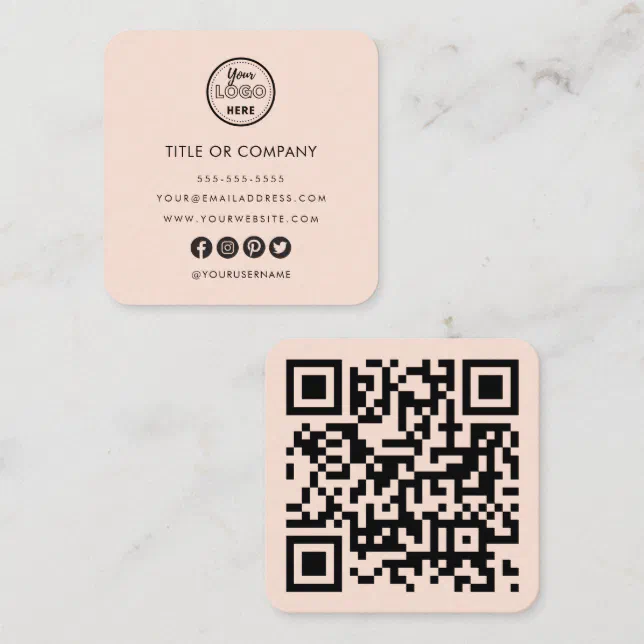 Minimalist Professional Logo Qr Code Soft Peach Square Business Card ...