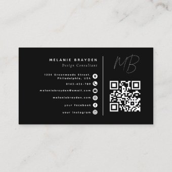 Minimalist Professional Monogram QR Code Black Business Card | Zazzle