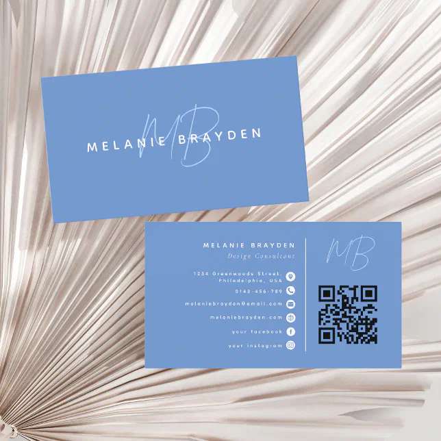 Minimalist Professional Monogram QR Code Dust Blue Business Card | Zazzle
