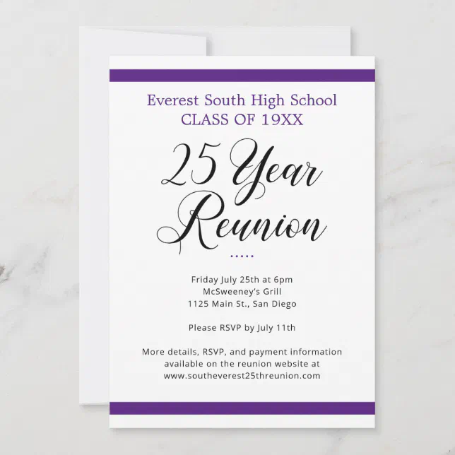 Minimalist Purple and White 25 Year Class Reunion Invitation | Zazzle