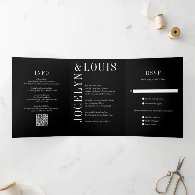 Minimalist QR Code Bold Black Modern Wedding Tri-Fold Invitation | Zazzle