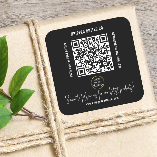 Minimalist QR Code + LOGO Black Follow Us! Square Sticker | Zazzle