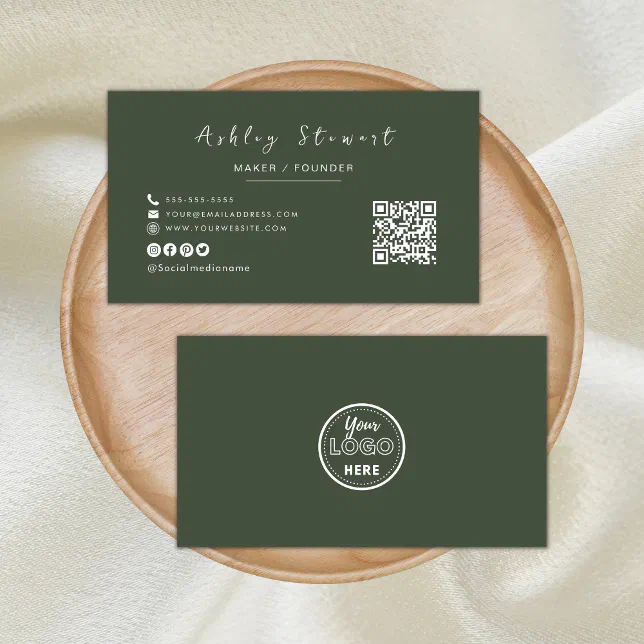 Minimalist Qr Code Professional Logo Forest Green Business Card | Zazzle